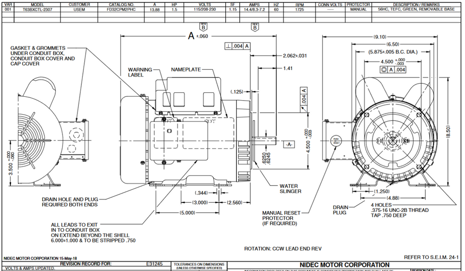 FD32CPM2PHC Nidec 1 1/2 HP 1800 RPM 115/230V 56HC Frame (Base) TEFC ...