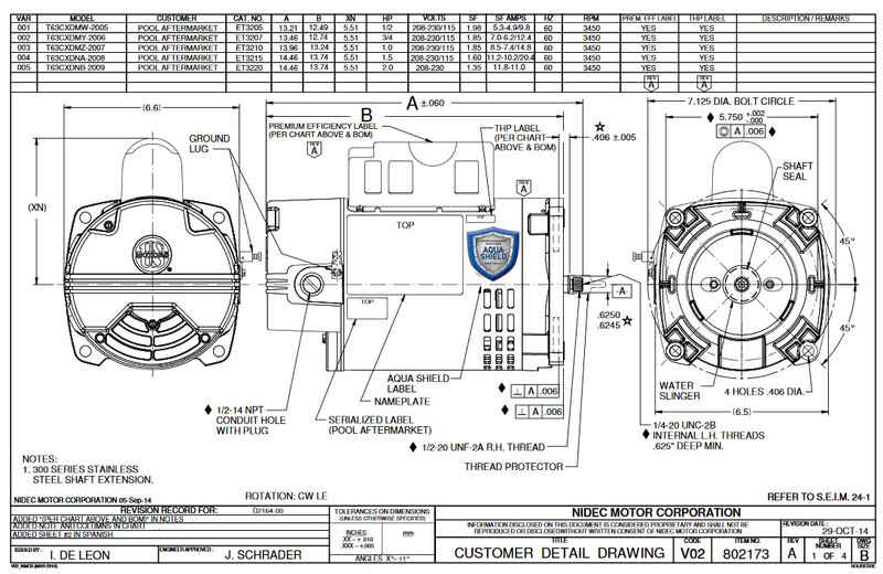 ET3207 US Motors 3/4 hp ODP 3450 RPM 56Y 115/208-230V Hayward ...