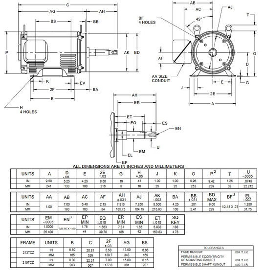 DJ10P2DJ US Motors 10 hp 1800 RPM (ODP) 3-phase 213TCZ Frame 208-230 ...