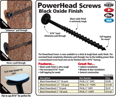 FastCap 2-1/2 Inches Black Power Head Screws 150/Box
