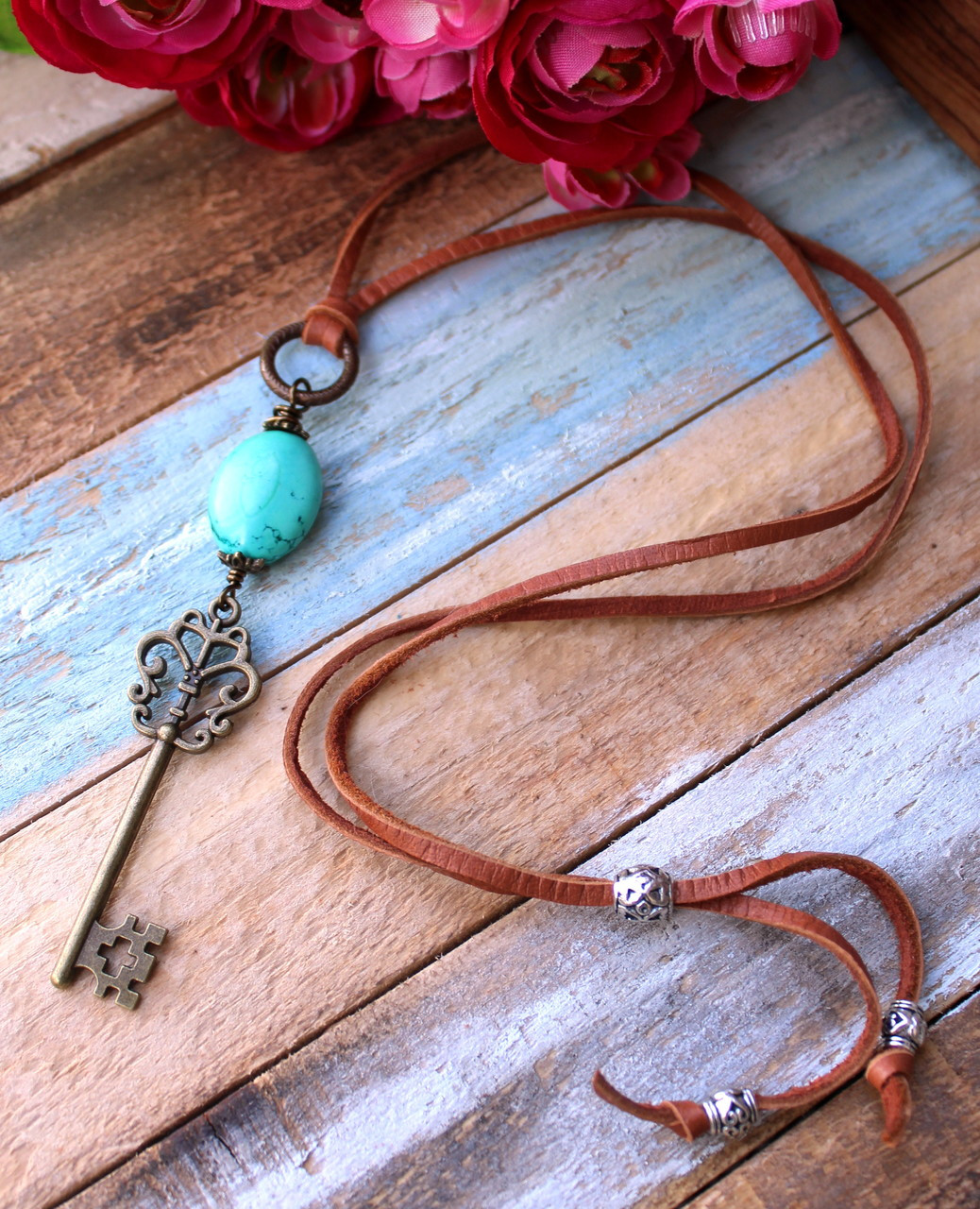 Antique Brass Turquoise Key Necklace | Ever Designs Jewelry