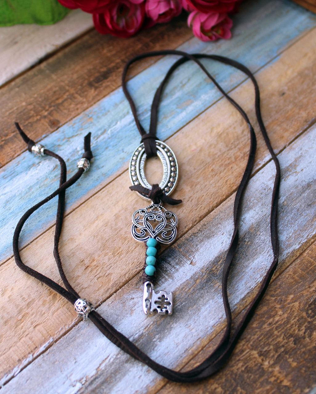 Antique Brass Turquoise Key Necklace | Ever Designs Jewelry