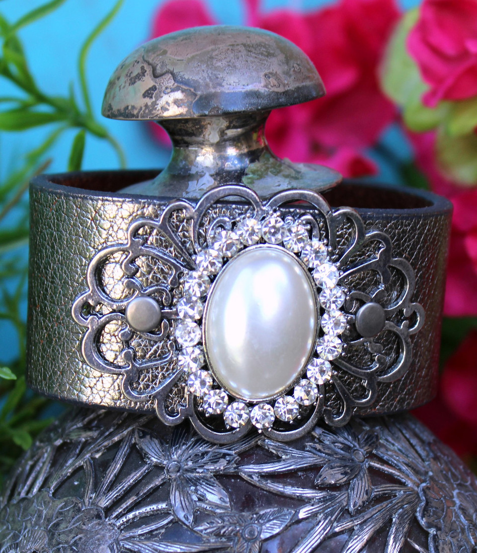 Pearl Bling Boho Chic Leather Cuff | Ever Designs Jewelry