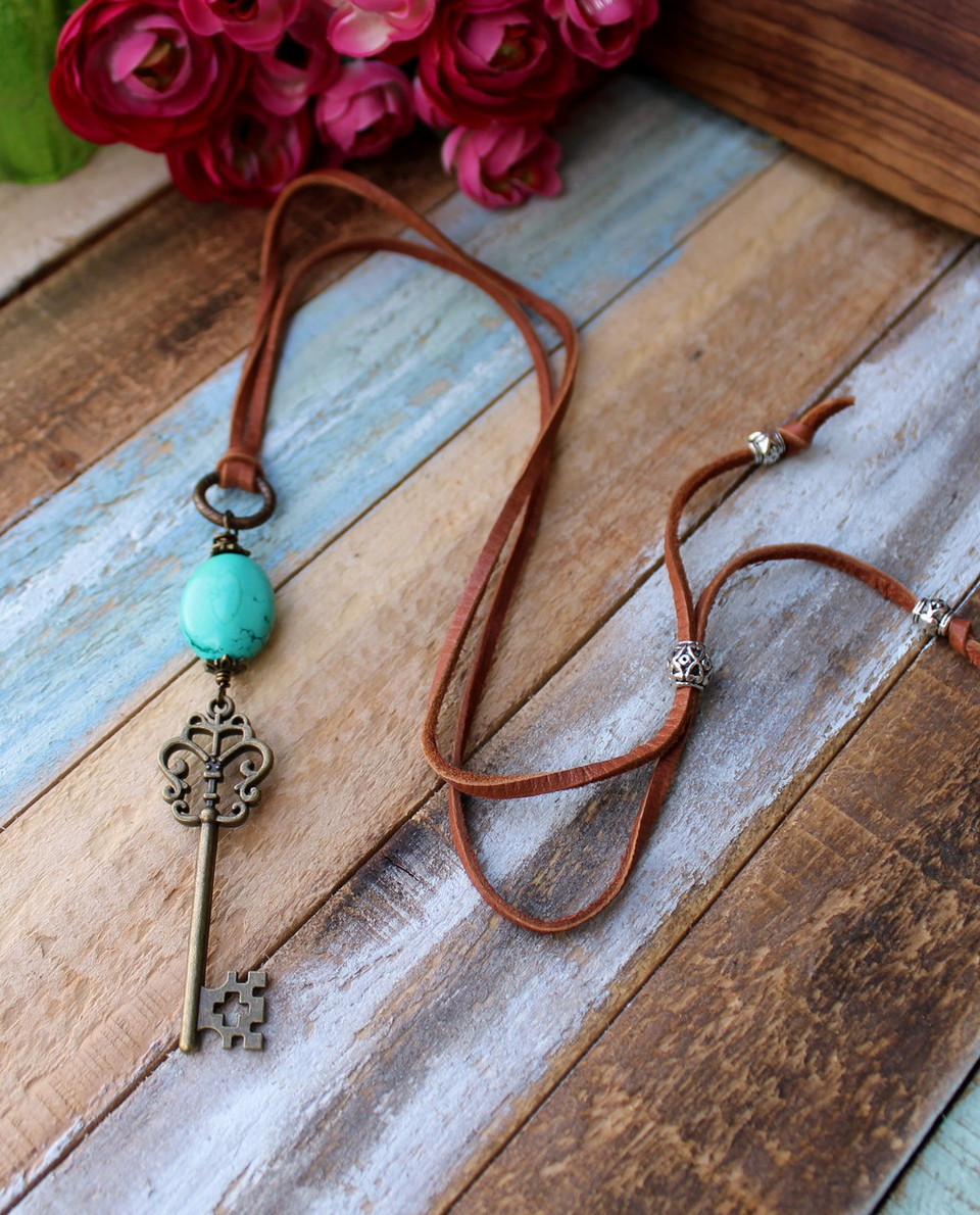 Antique Brass Turquoise Key Necklace | Ever Designs Jewelry