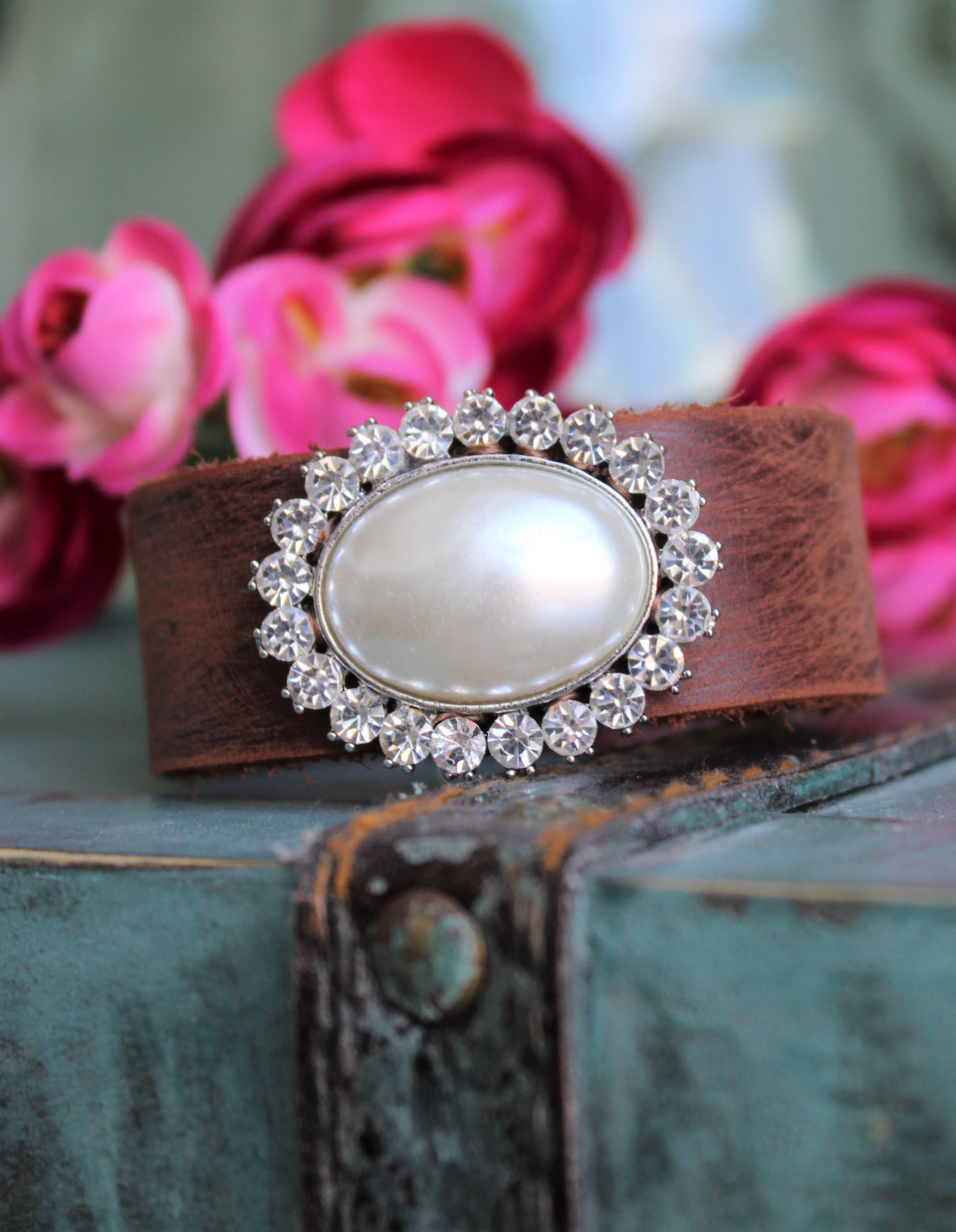 Pearl Bling Boho Chic Leather Cuff | Ever Designs Jewelry
