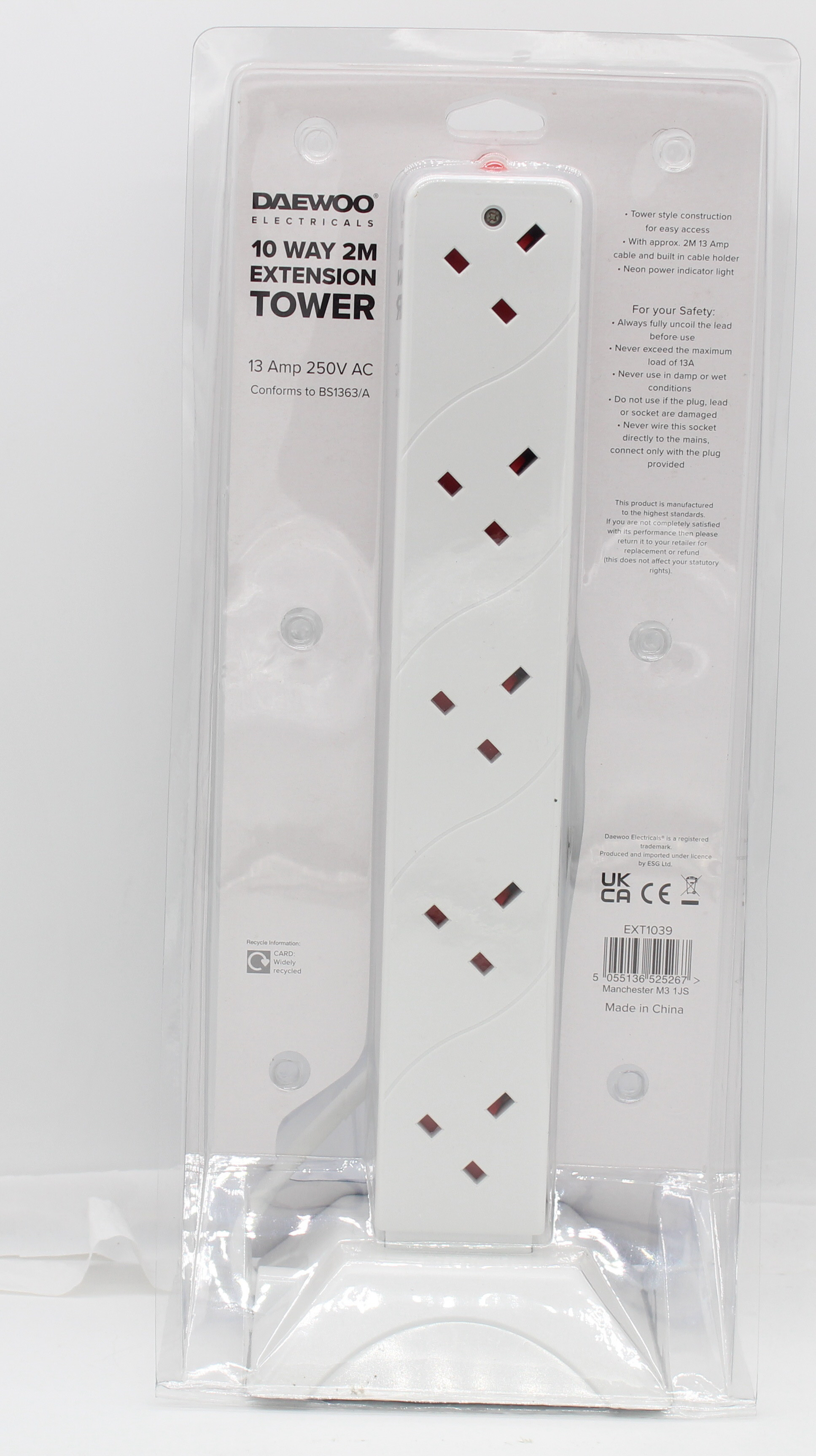 Daewoo Electrical 10 Way Gang Socket White Extension Tower 2M Cable UK ...