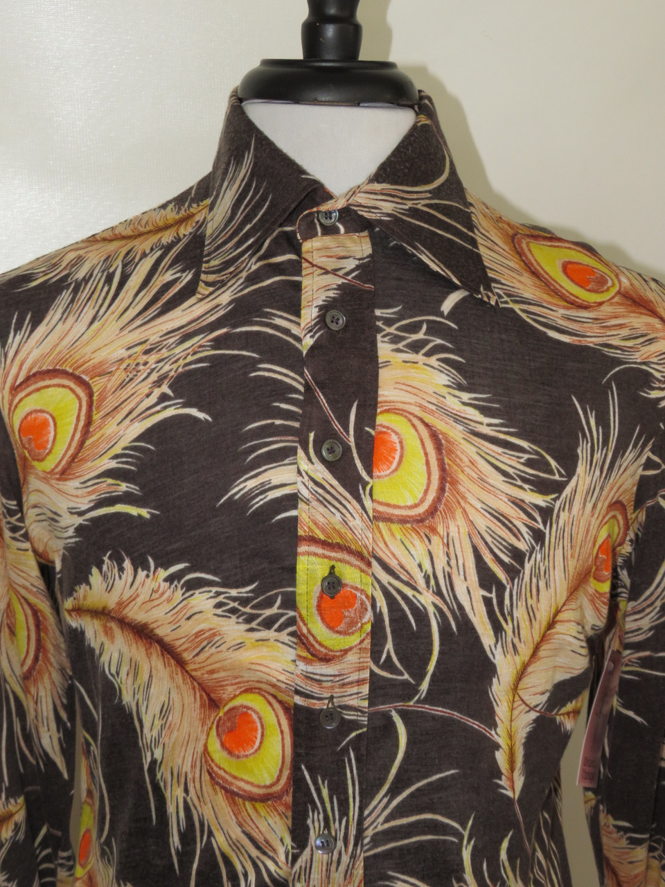 "Pascal" Charcoal w/ Orange & Yellow Peacock Feather Print Shirt ...