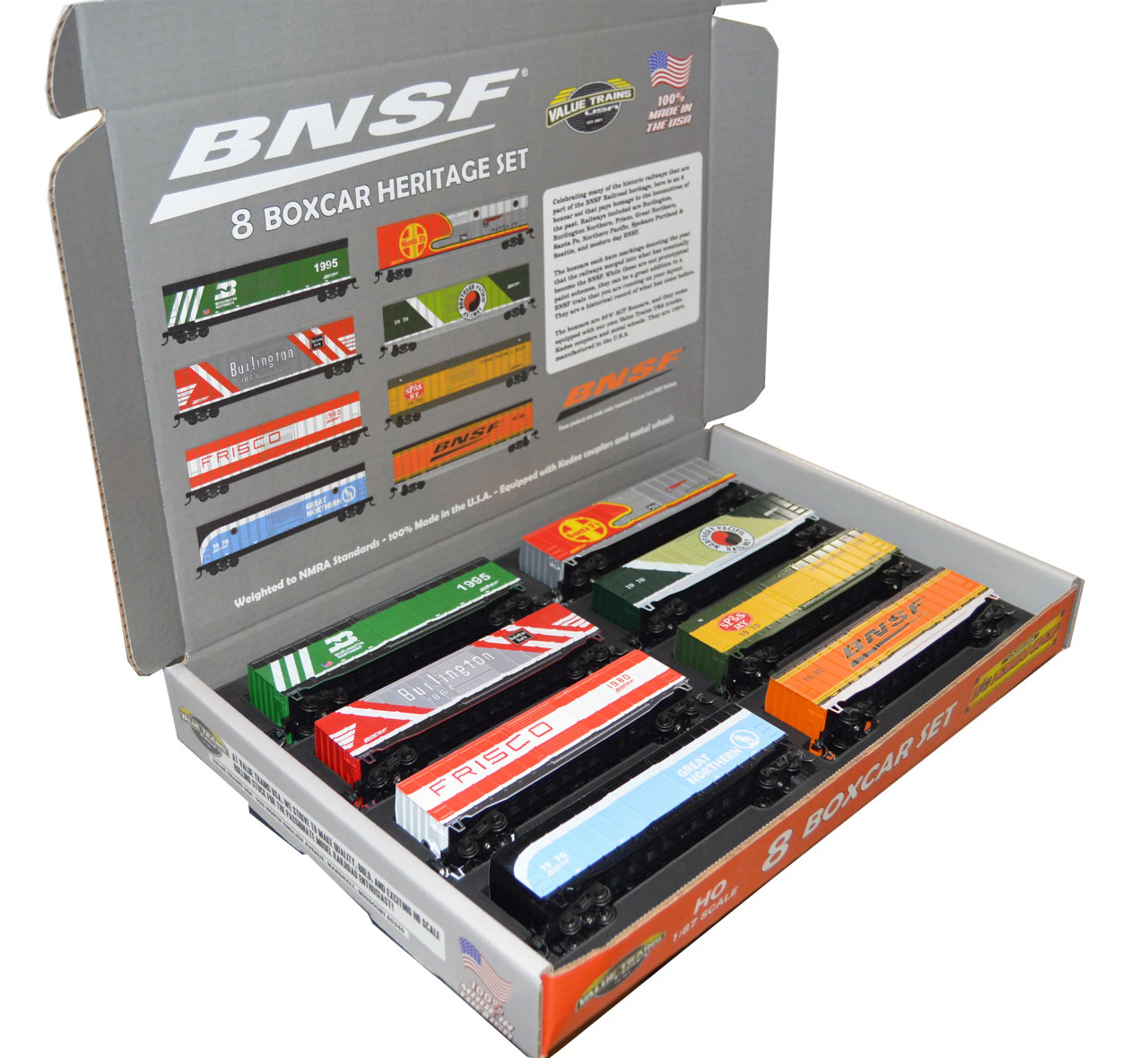 Value Trains USA HO10205 - 50'6" ACF Boxcar BNSF 8 Boxcar Heritage Set ...