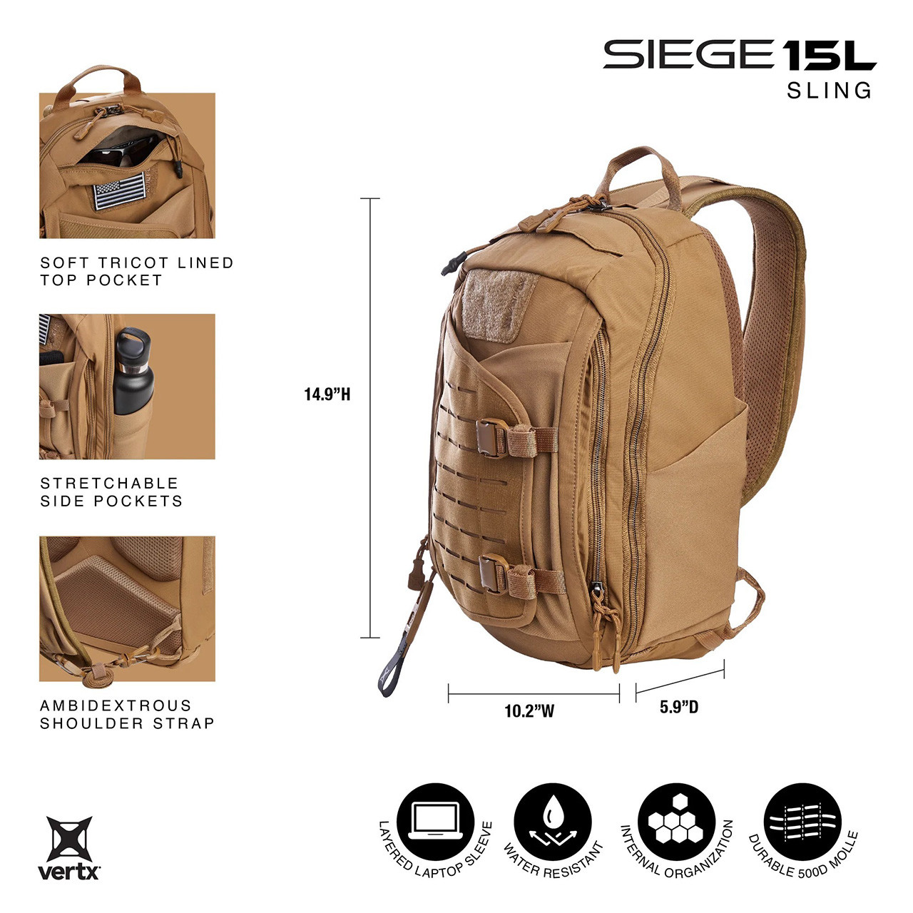 Vertx Siege 15L Tactical Sling Pack: Wolf Grey