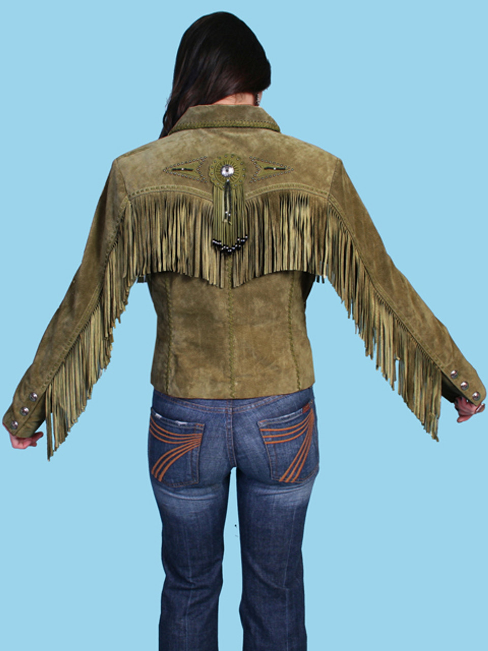 Scully Women's Jacket - Beaded Fringe / Boar Suede - Olive # 49 - Billy's Western Wear