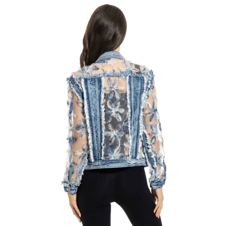 Adore Women's Jackets - Sheer Floral Embroidered / Frayed Edge - Denim ...