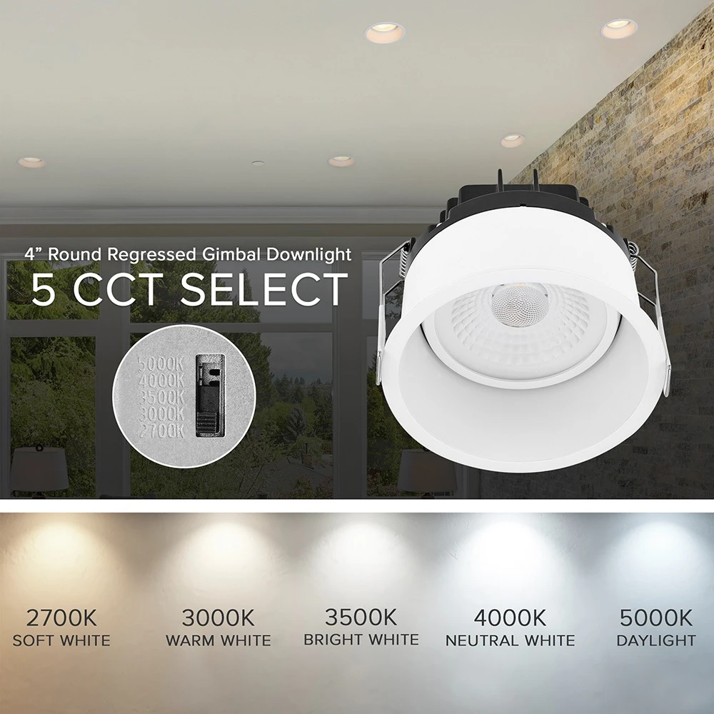 4" 5 CCT LED Slim Regressed Gimbal Downlight, 2700K-5000K