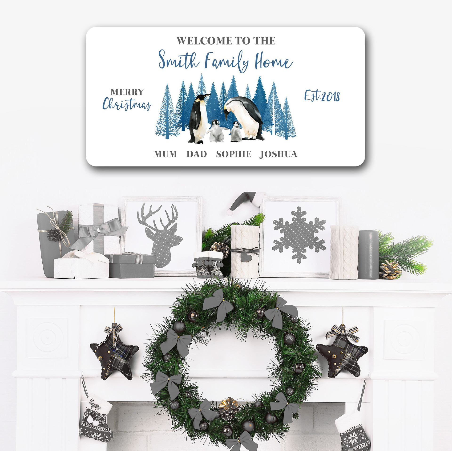 White Penguin Family Names Scene Year Couple Child Christmas ...