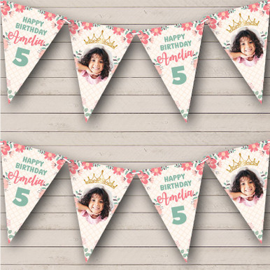 Pink Birthday Princess Crown Photo Age Custom Personalised Party Flag ...
