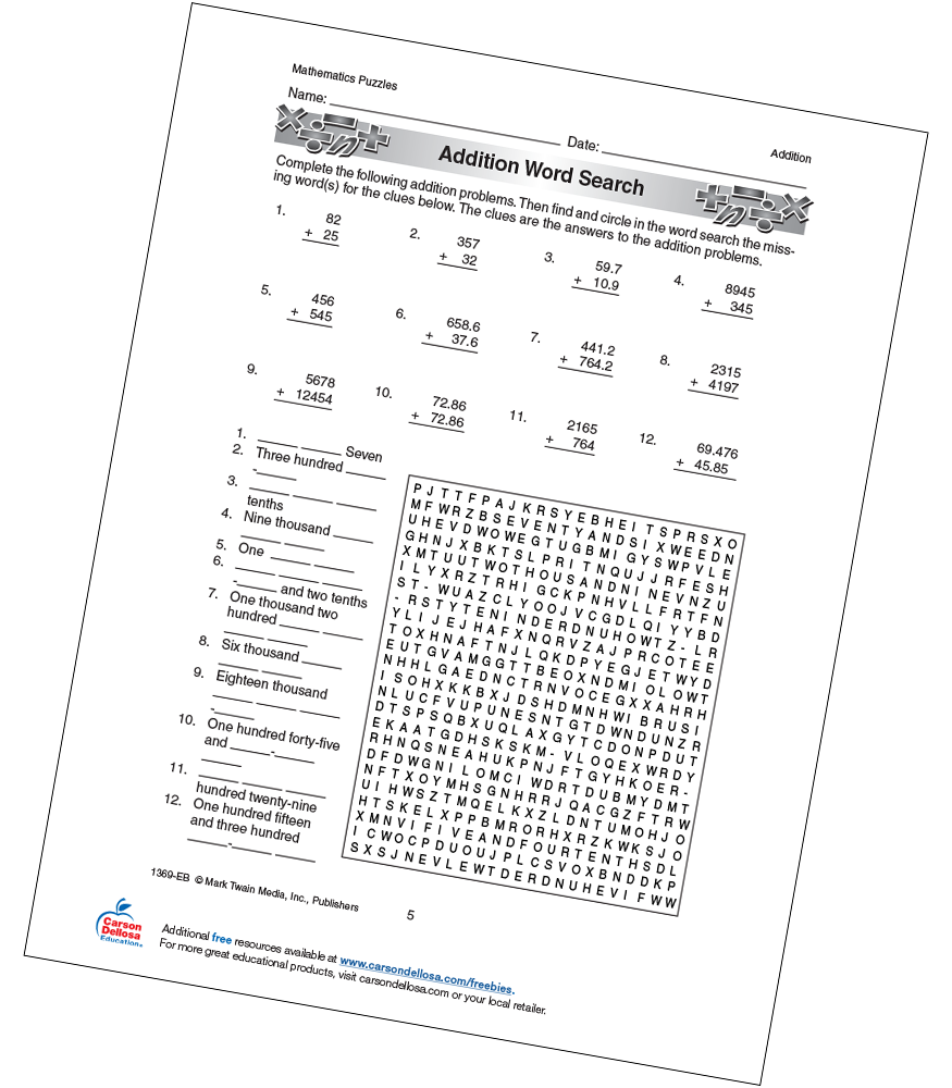 Printable Math Word Search