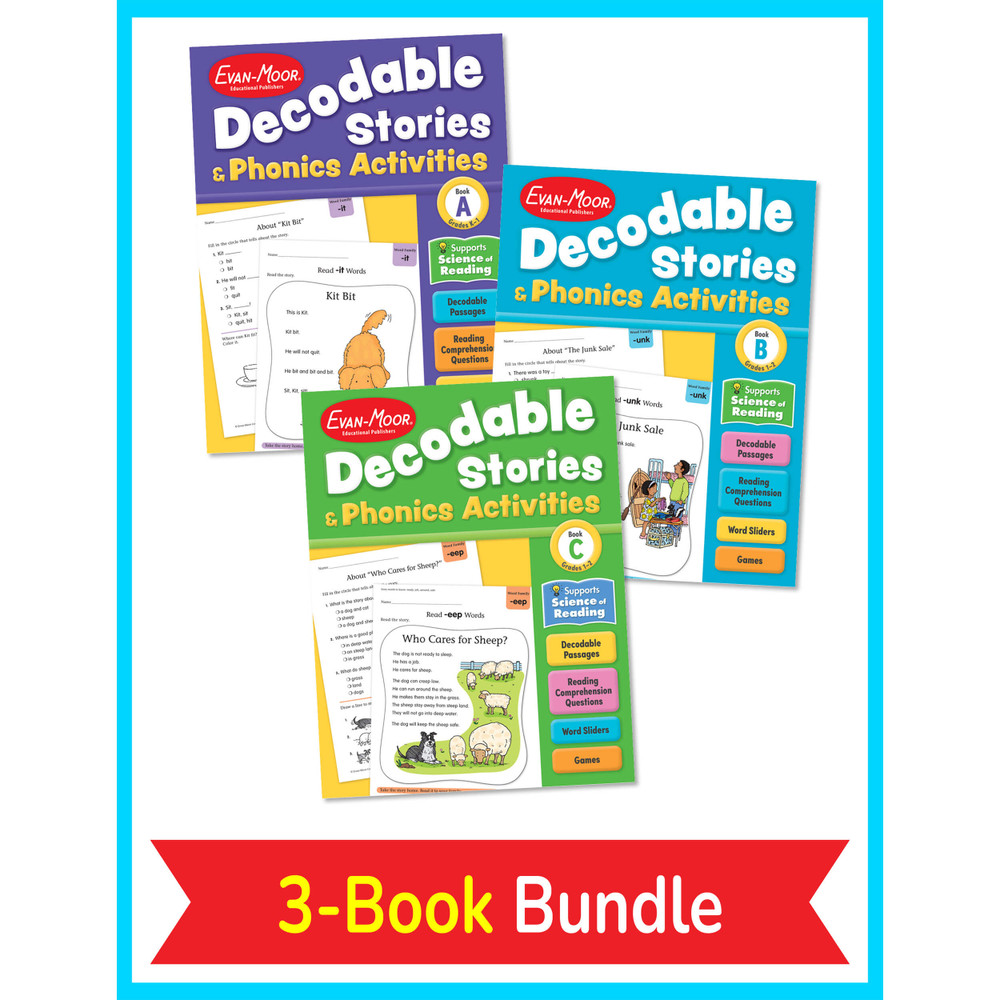 Decodable Stories and Phonics Activities, Level A, B, and C Workbook Bundle