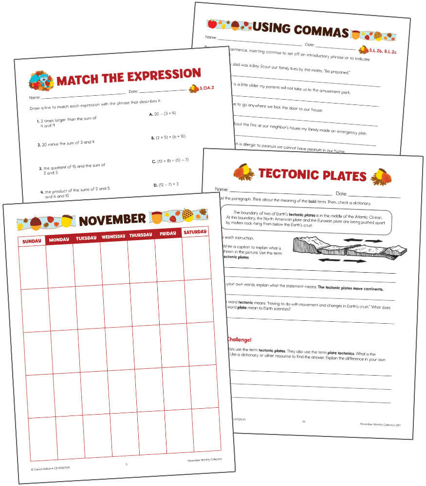November Monthly Printable Collection Grade 5