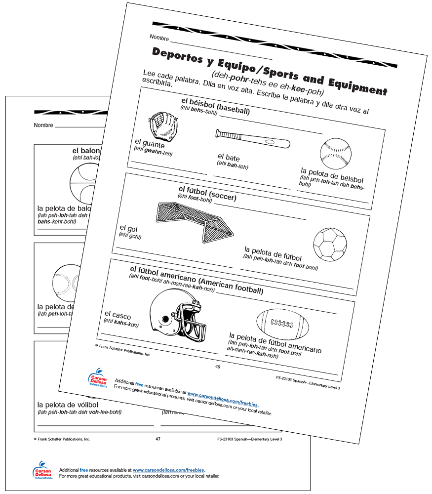 Sports and Equipment Bilingual Spanish Free Printable | Carson Dellosa