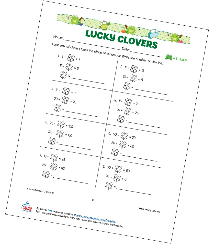 Lucky Clovers Addition and Subtraction Free Printable | Carson Dellosa