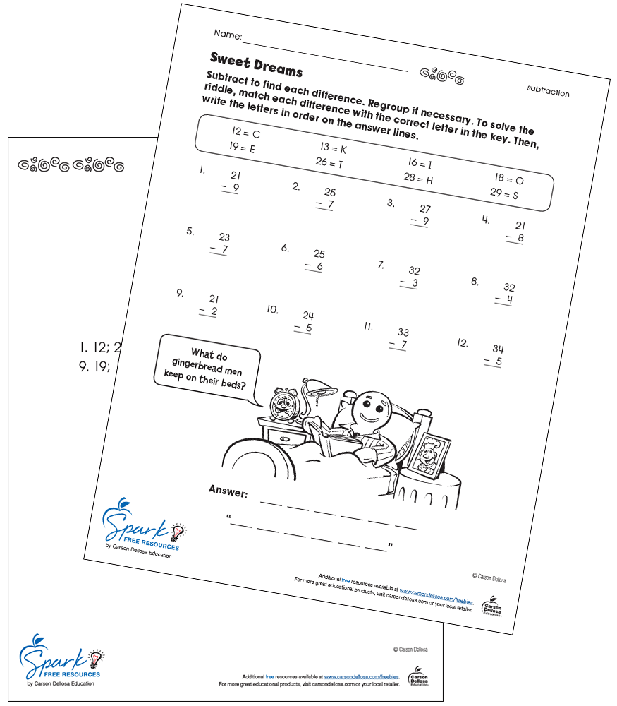 Gingerbread Subtraction with Regrouping Free Printable | Carson Dellosa