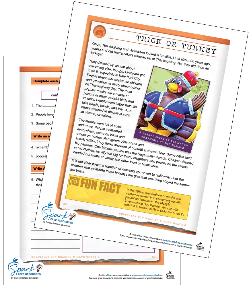 Trick or Turkey, Unusually Fun Reading & Math Grade 5 Free Printable