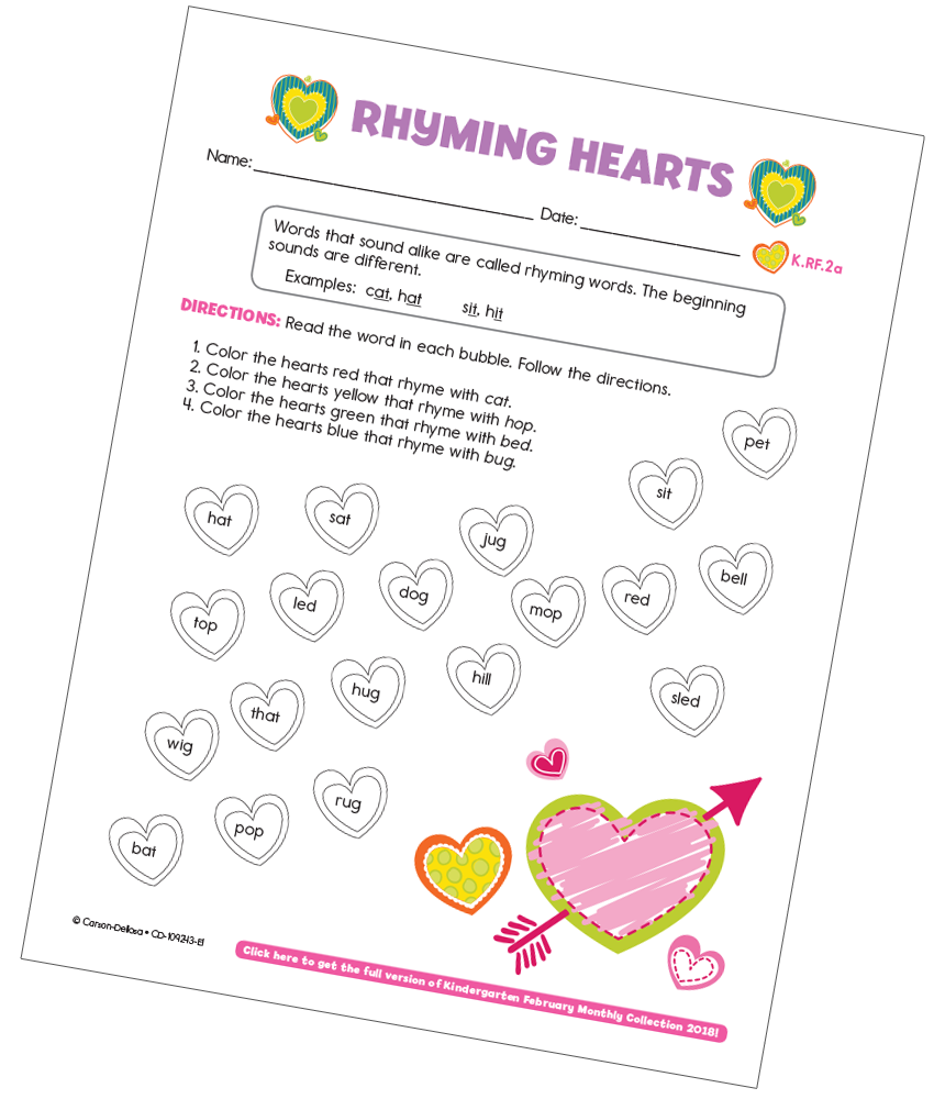 Rhyming Hearts Free Printable | Carson Dellosa