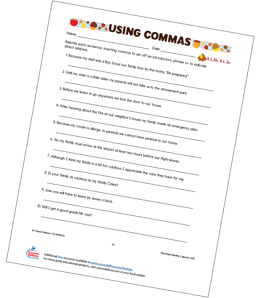 Using Commas Free Printable | Carson Dellosa