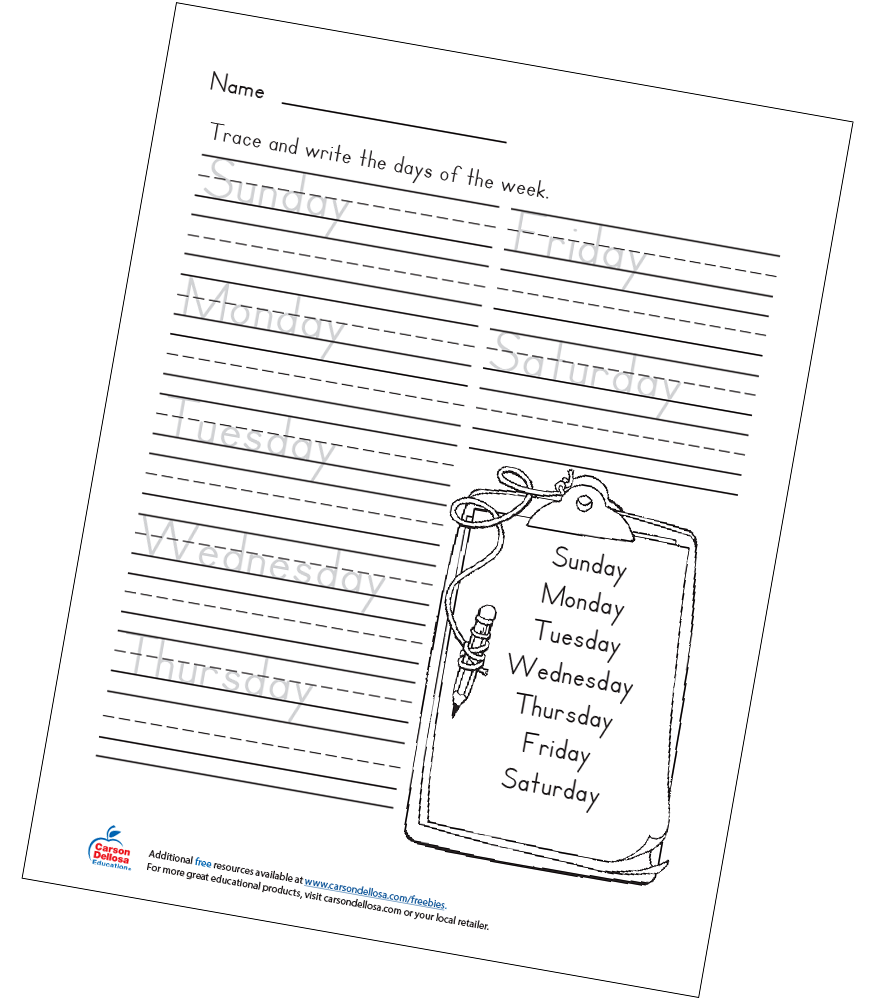 Days of the Week Handwriting Free Printable | Carson Dellosa
