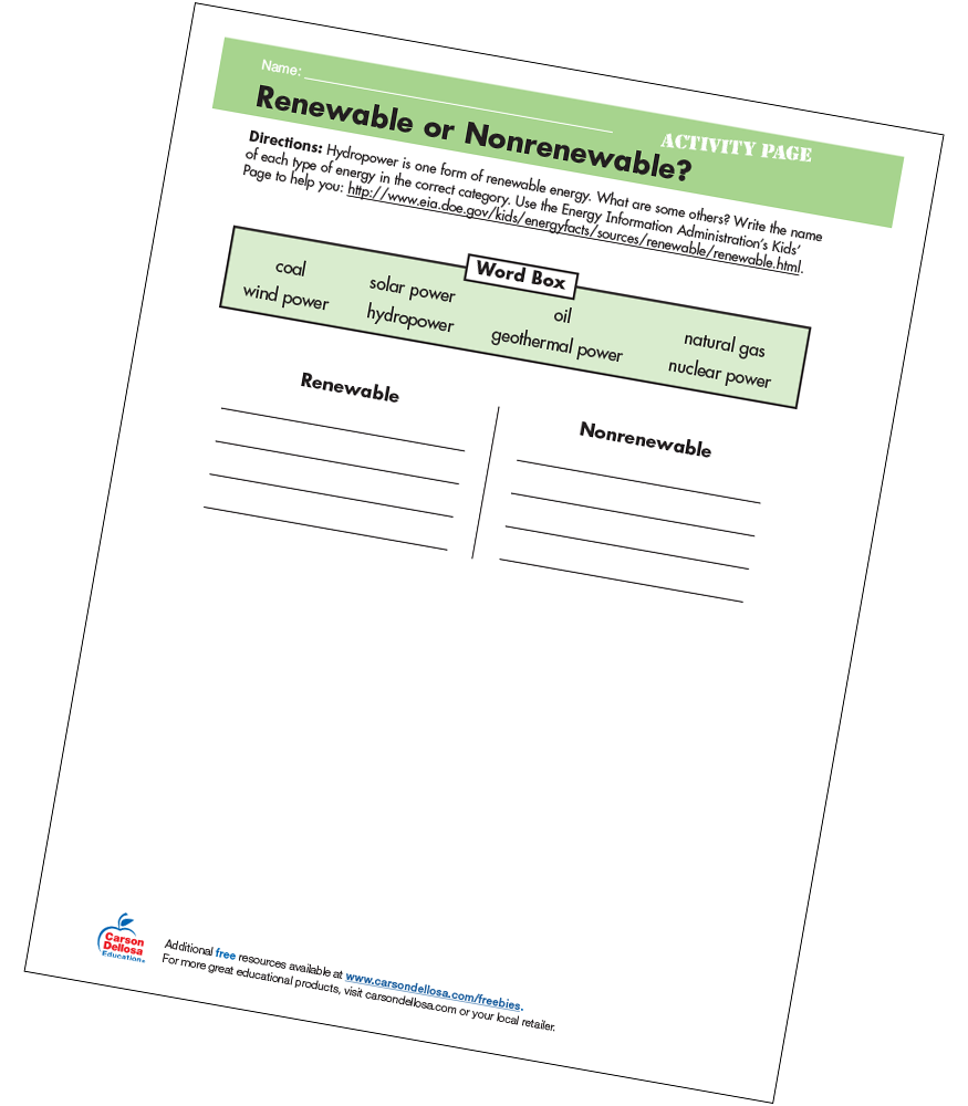 Renewable or Nonrenewable Free Printable | Carson Dellosa