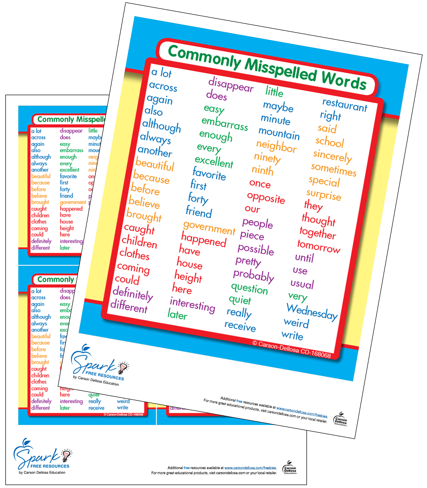 Commonly Misspelled Words Study Buddy Free Printable | Carson Dellosa