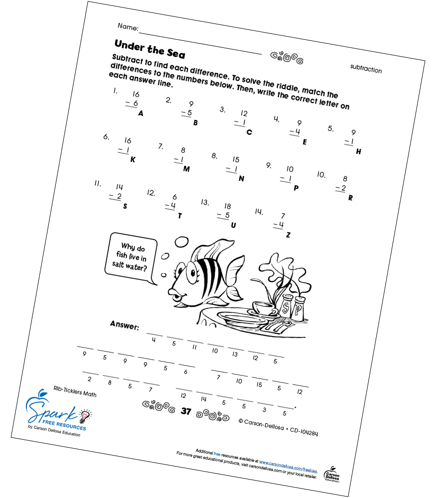 Under the Sea Subtraction Joke Free Printable | Carson Dellosa