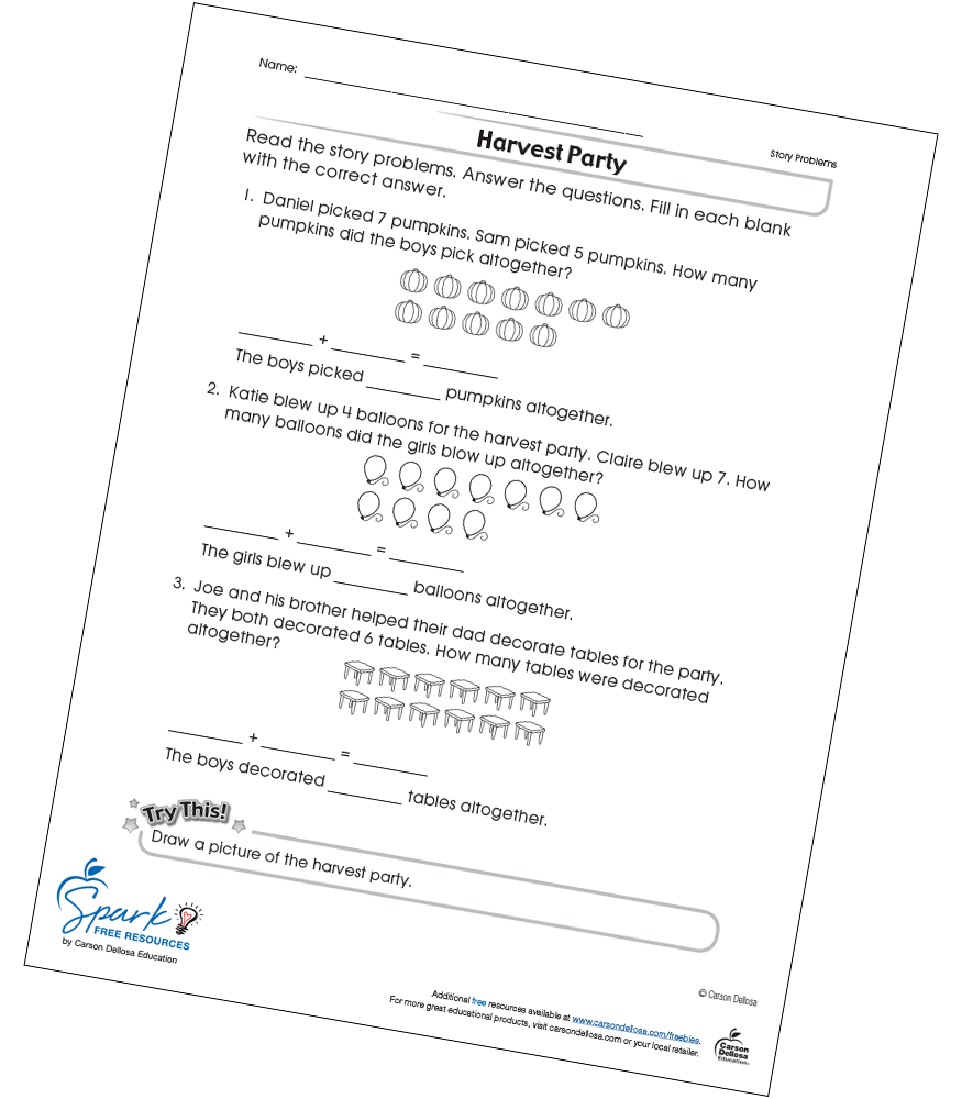 Harvest Party Word Problems Free Printable | Carson Dellosa