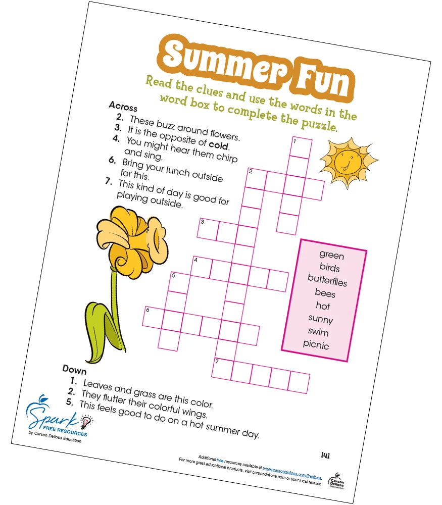 Summer Fun Crossword Puzzle Free Printable | Carson Dellosa