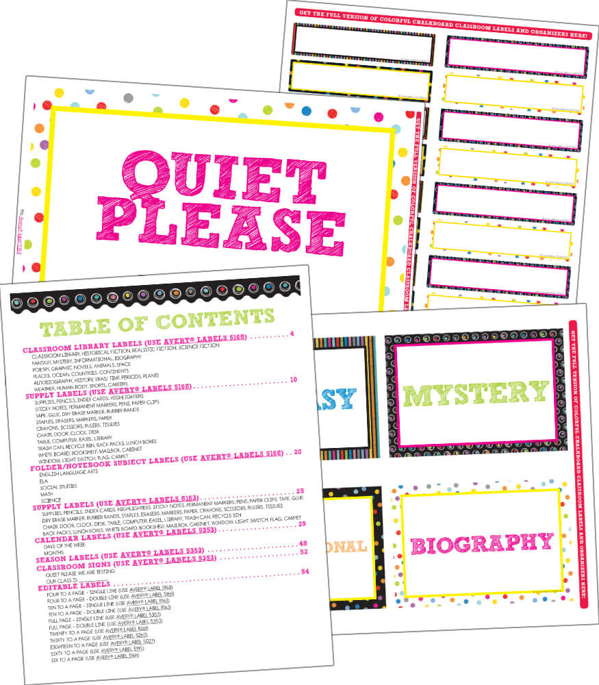 Colorful Chalkboard Classroom Printable Labels & Organizers