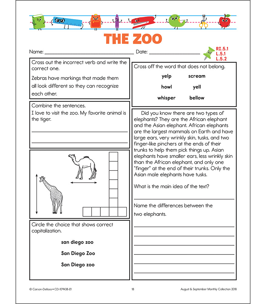 August & September Monthly Printable Collection Grade 5