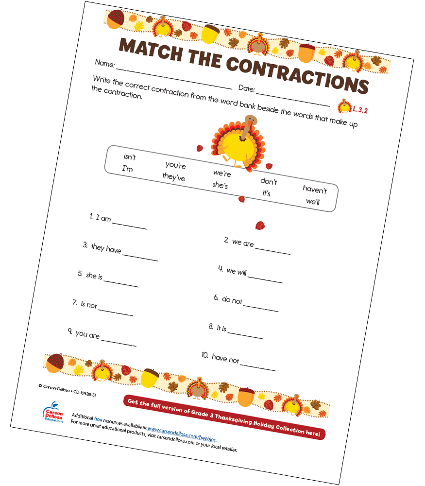 Match The Contractions Free Printable | Carson Dellosa