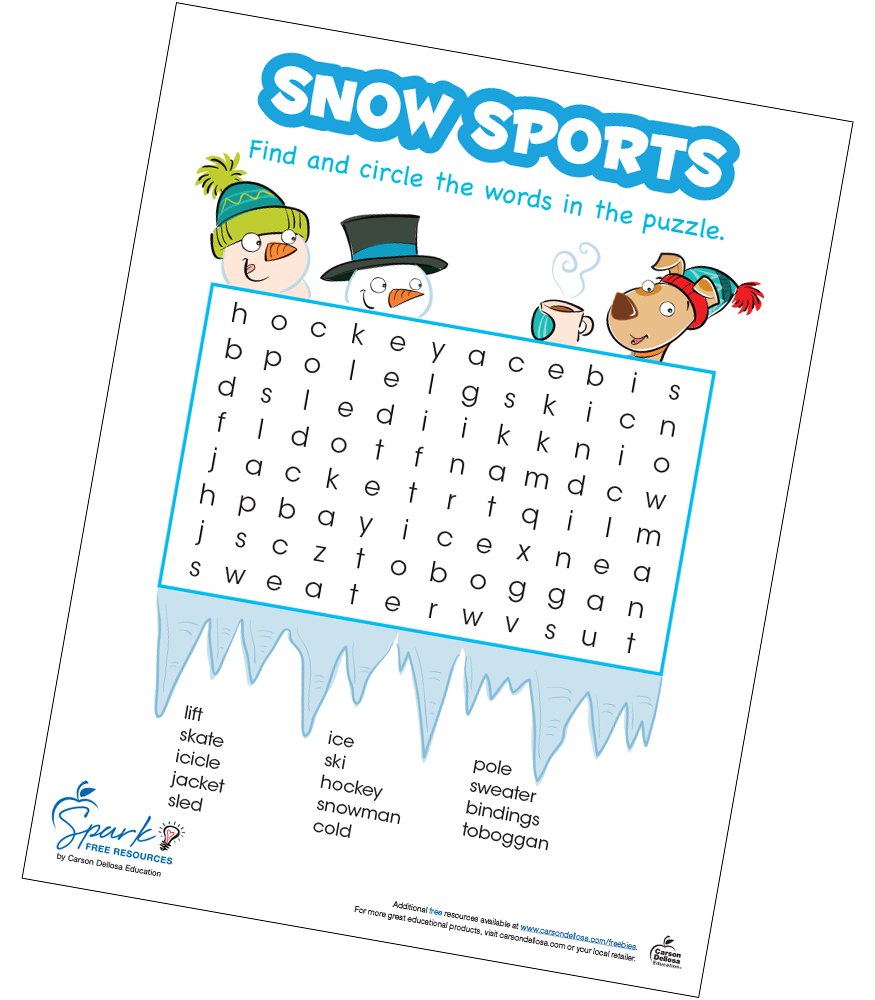 Snow Sports Winter Word Search Free Printable | Carson Dellosa