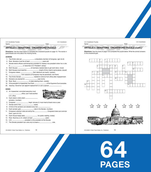 Grade 5-12 U.S. Constitution Puzzles Workbook Paperback