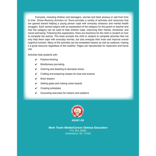 Grade 6-12 Stress-Reducing Activities for Teens Workbook Paperback