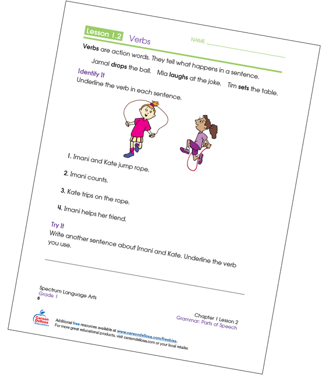 Identifying Verbs Free Printable | Carson Dellosa