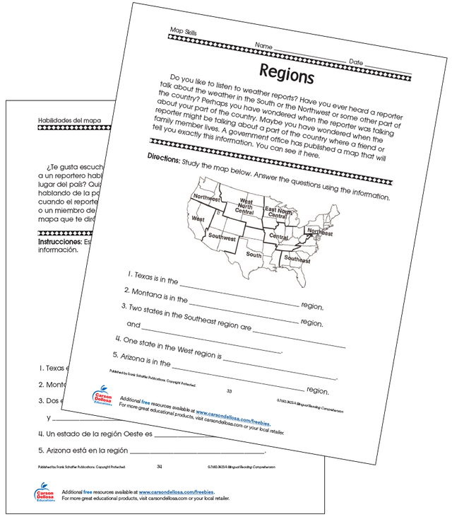 U.S. Regions Bilingual Spanish Free Printable | Carson Dellosa
