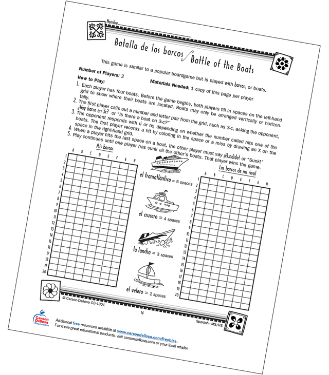 Battle of the Boats Game Spanish Free Activity | Carson Dellosa