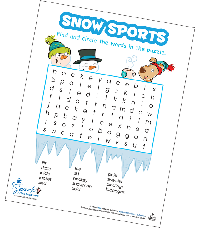 Snow Sports Winter Word Search Free Printable | Carson Dellosa