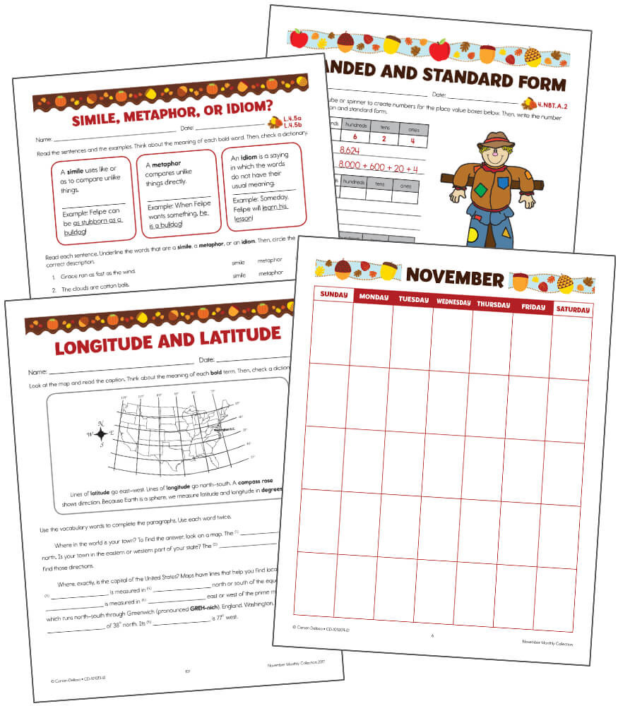 November Monthly Printable Collection Grade 4