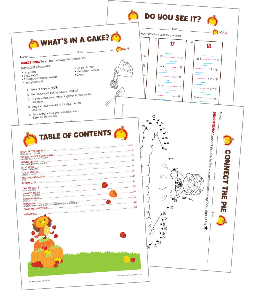 Thanksgiving Holiday Printable Collection Grade 1