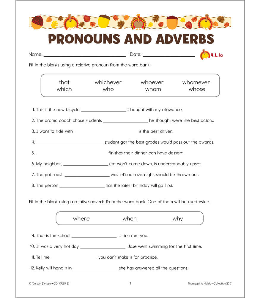 Thanksgiving Holiday Printable Collection Grade 4