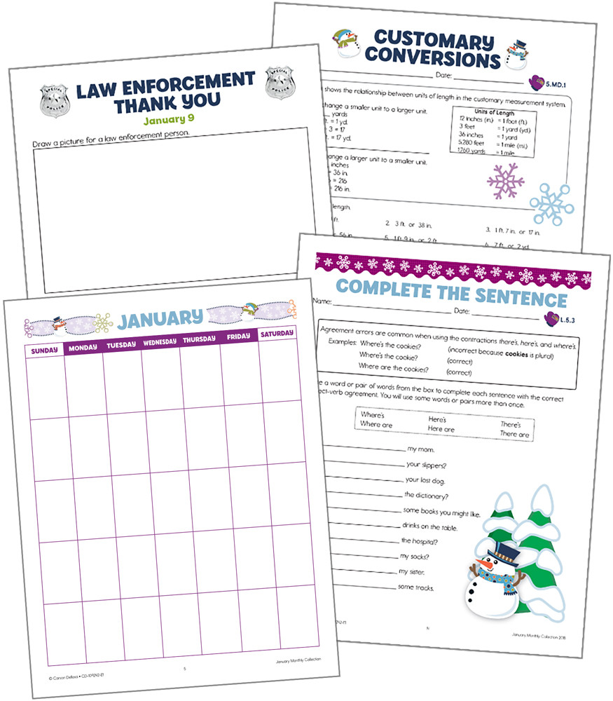 January Monthly Printable Collection Grade 5
