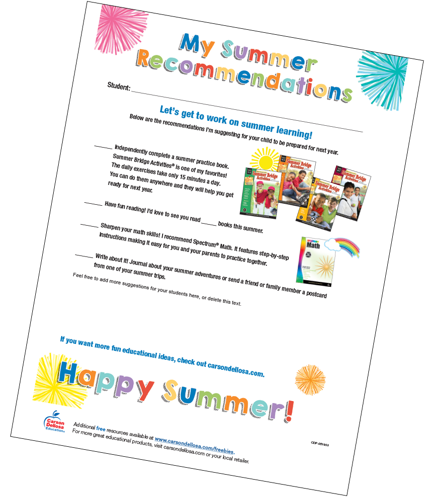 Summer Learning Recommendations Checklist Free Printable | Carson Dellosa