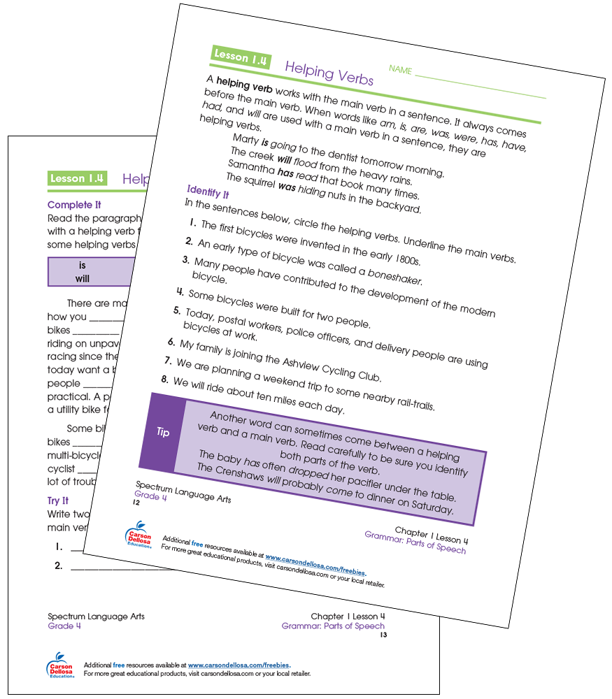 Helping Verbs Free Printable | Carson Dellosa