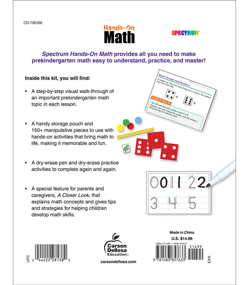 Grade PK-K Spectrum Hands-On Math Workbook Paperback